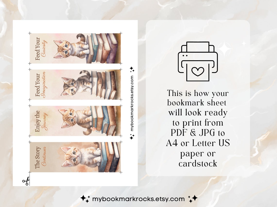 Set of 12 "kitten & Books" Printable Bookmarks, Cat Designs With ...
