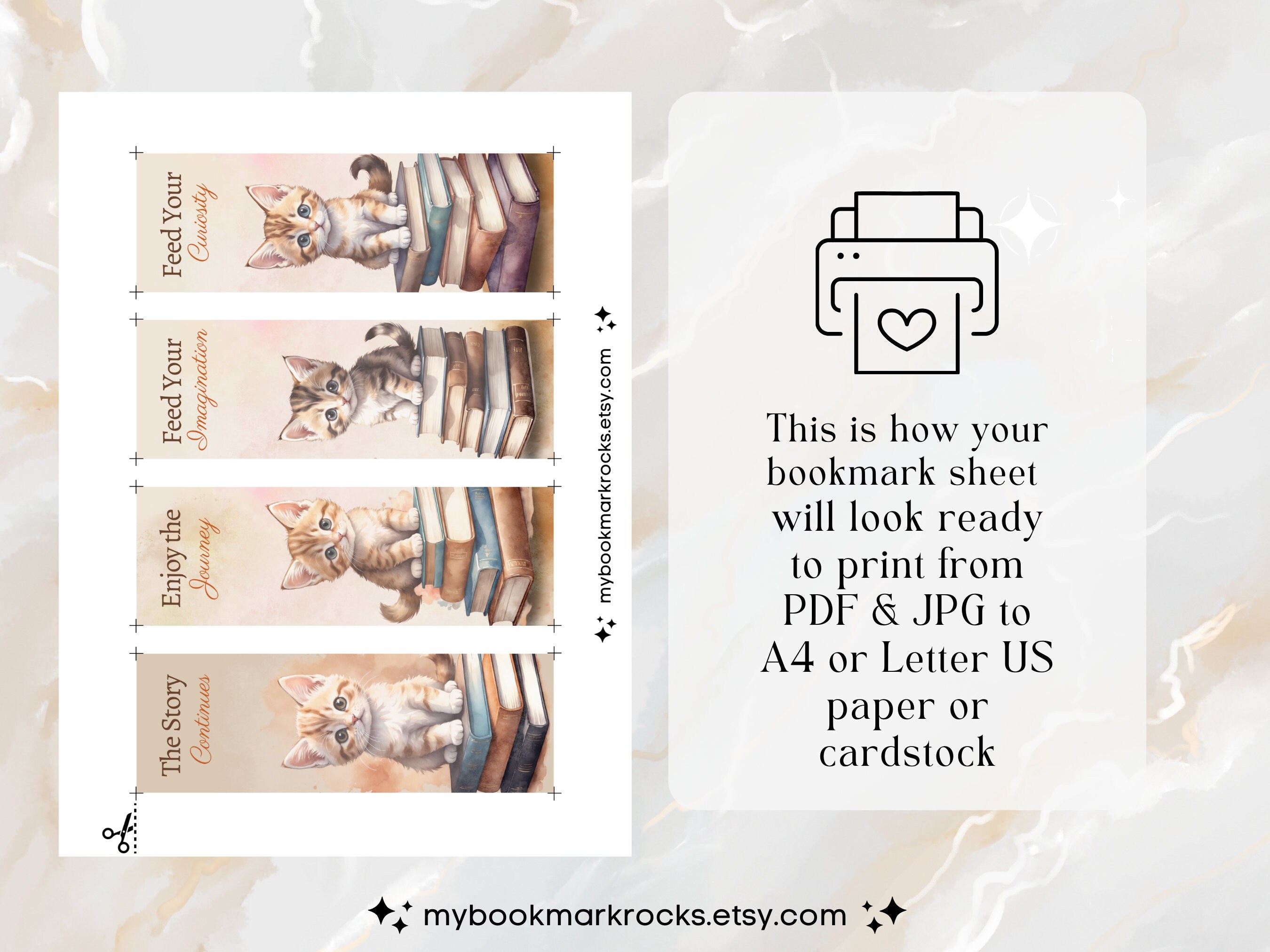 Set of 12 “kitten & Books” Printable Bookmarks | Digital Bookmarks ...