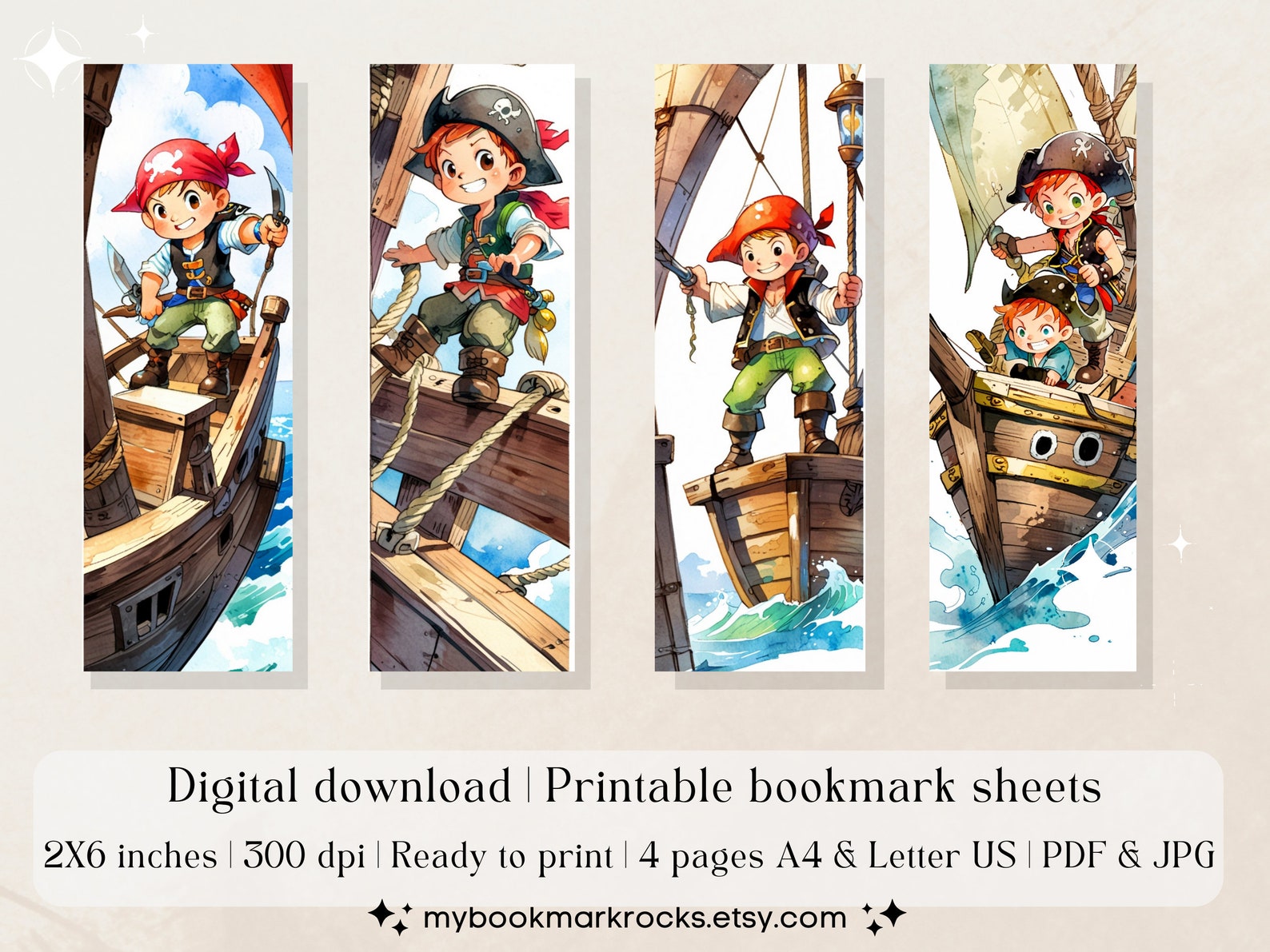 Set of 16 little Pirates Printable Bookmarks, High-quality PDF & JPG ...