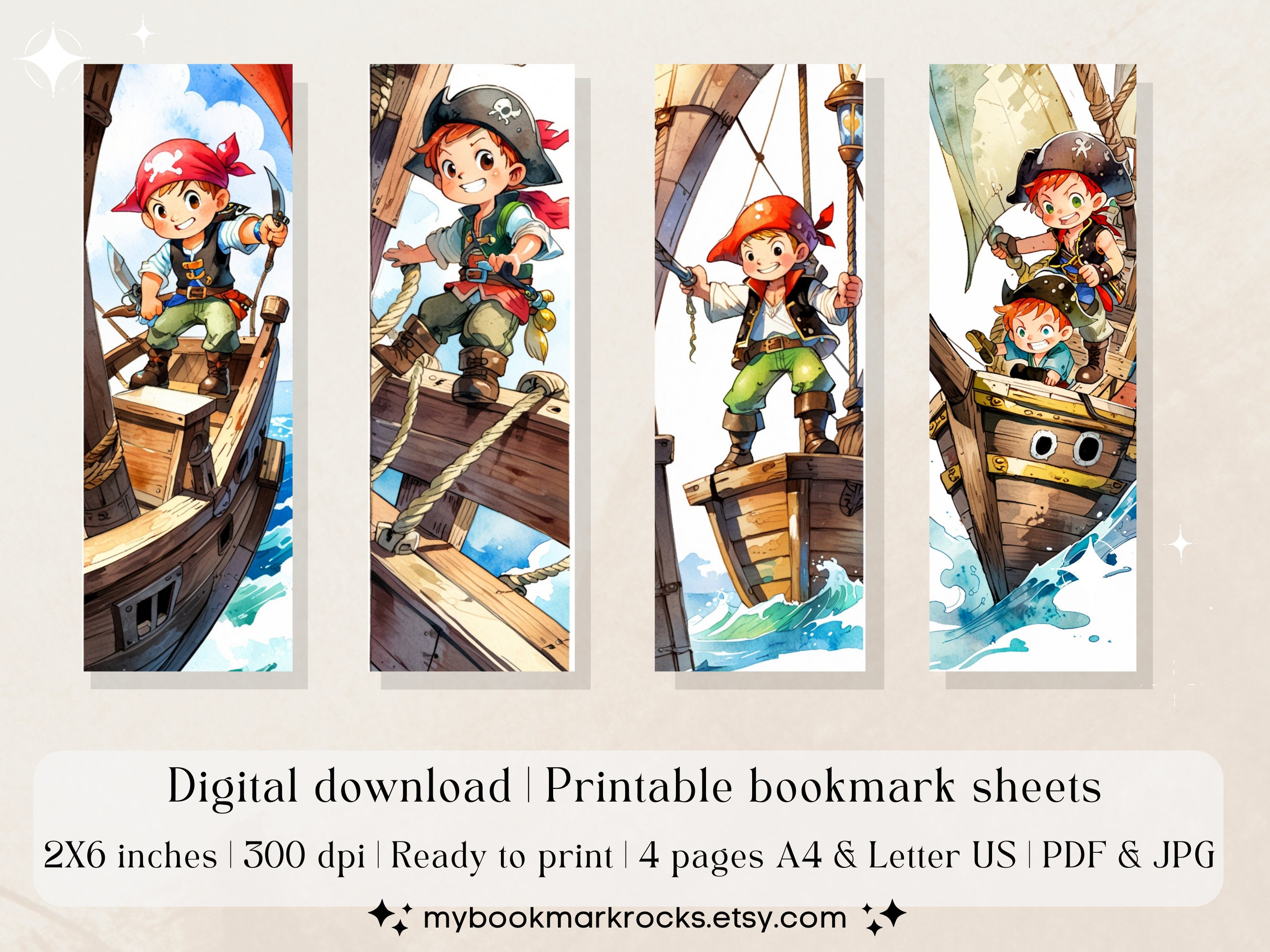 Set of 16 little Pirates Printable Bookmarks, High-quality PDF & JPG ...