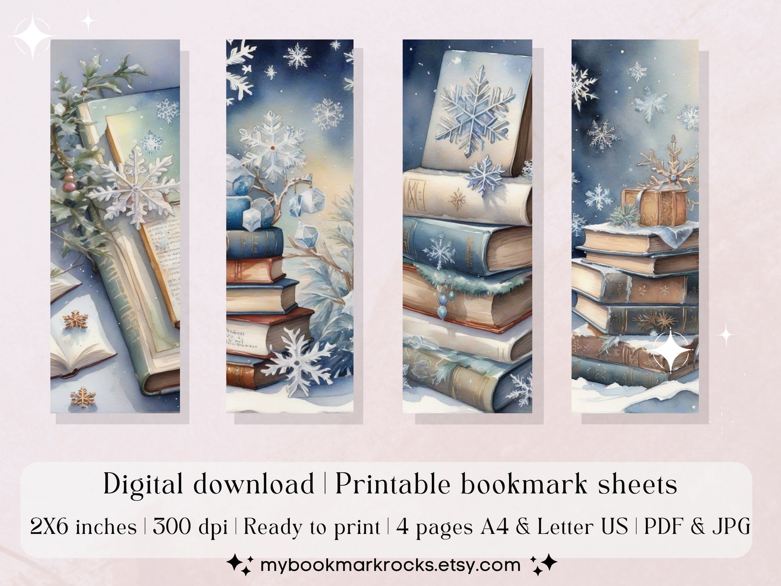 Set of 16 snowflakes Printable Bookmarks, Watercolor Digital Bookmarks ...