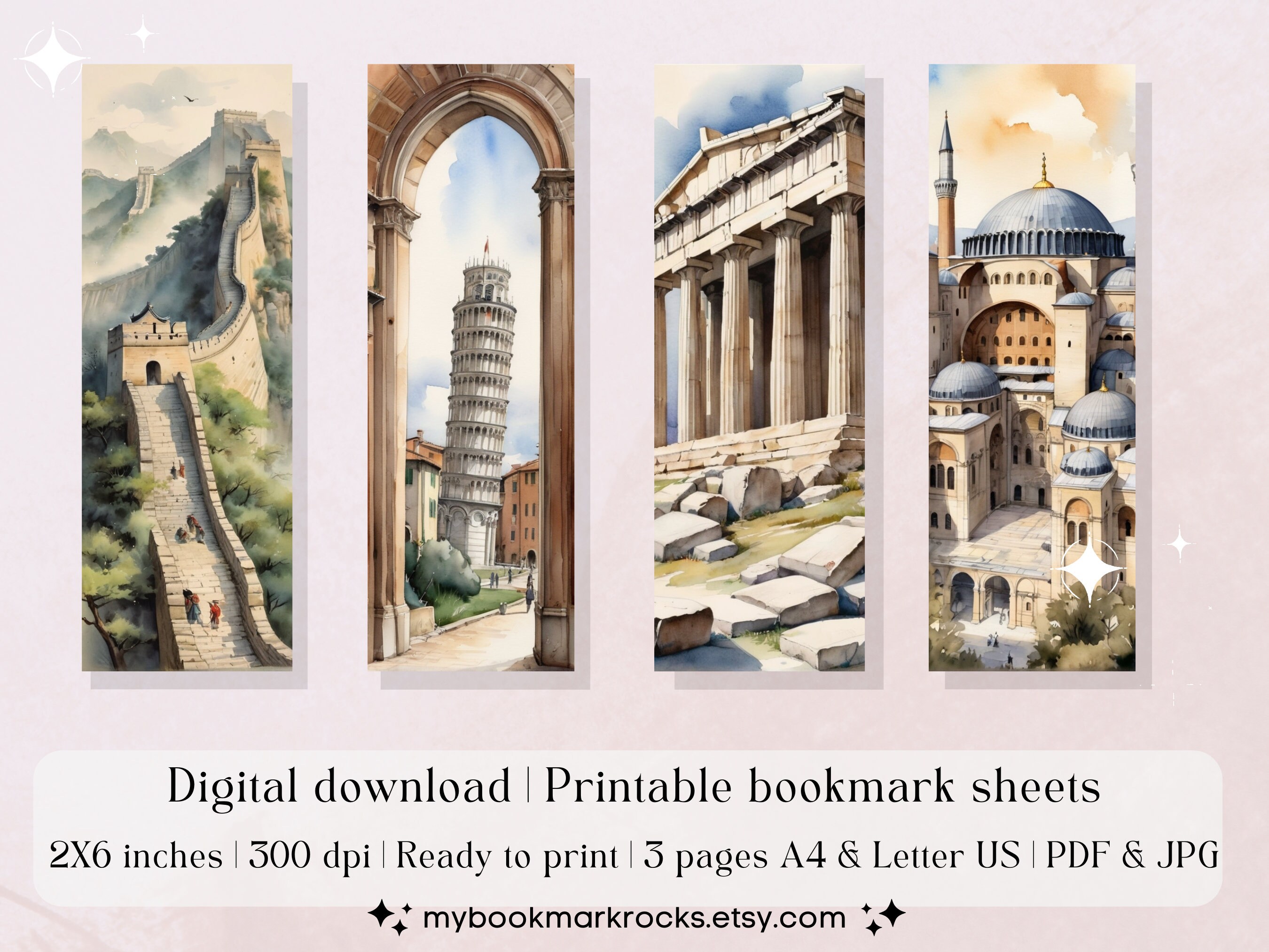 Set of 12 Watercolor "journey Through Time" Printable Bookmarks, Travel ...