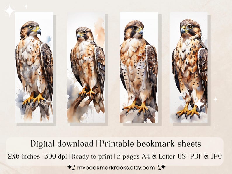Set of 20 Watercolor "falcon" Printable Bookmarks, Bird Bookmarks, Hawk ...