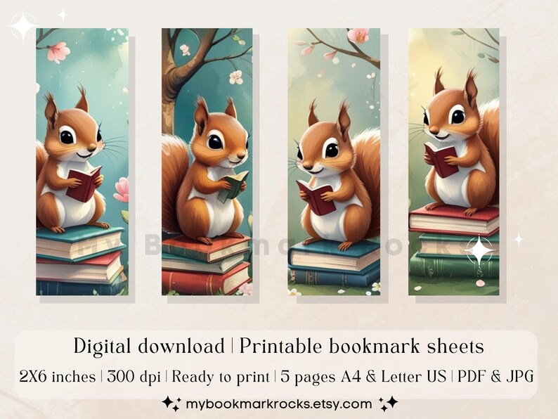 Set of 20 "squirrel in Spring" Printable Bookmarks, Spring Designs ...