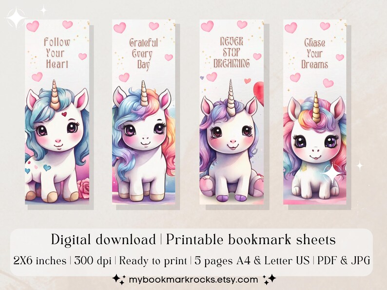 Set of 20 Kawaii "lovely Unicorns" Printable Bookmarks, Quote Bookmarks ...