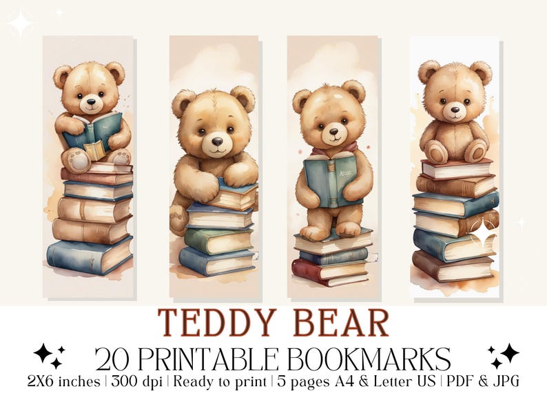 Set of 20 Watercolor "teddy Bear" Printable Bookmarks, Bookmarks for ...