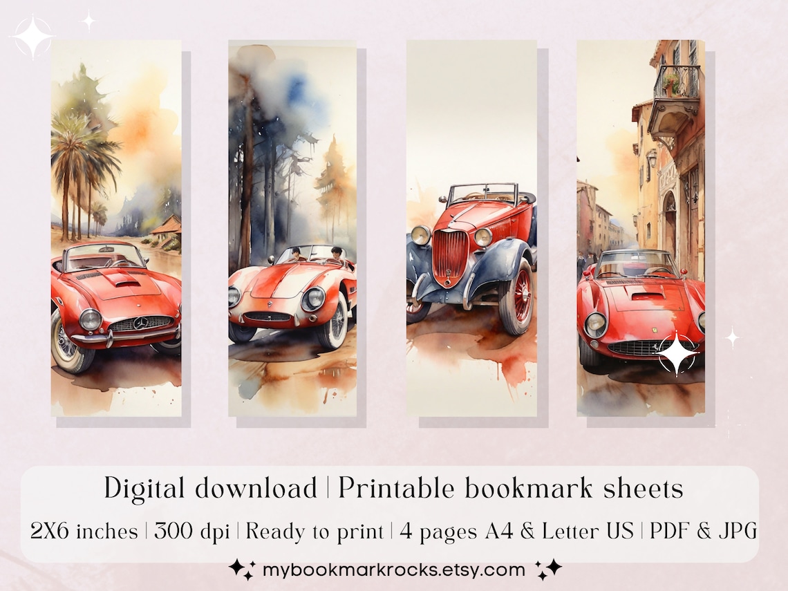 Set of 16 Watercolor "vintage Cars" Printable Bookmarks, Classic Car ...