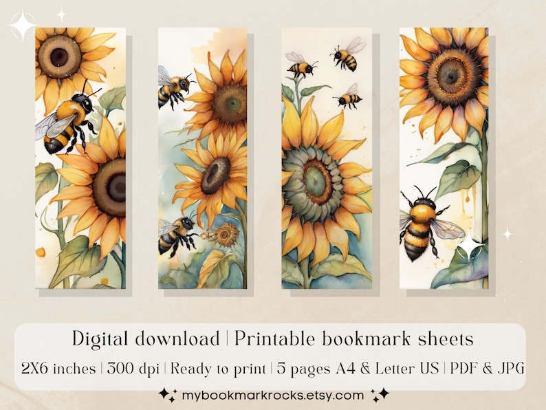 Set of 20 Watercolor "sunflowers & Bees" Printable Bookmarks, Cute ...