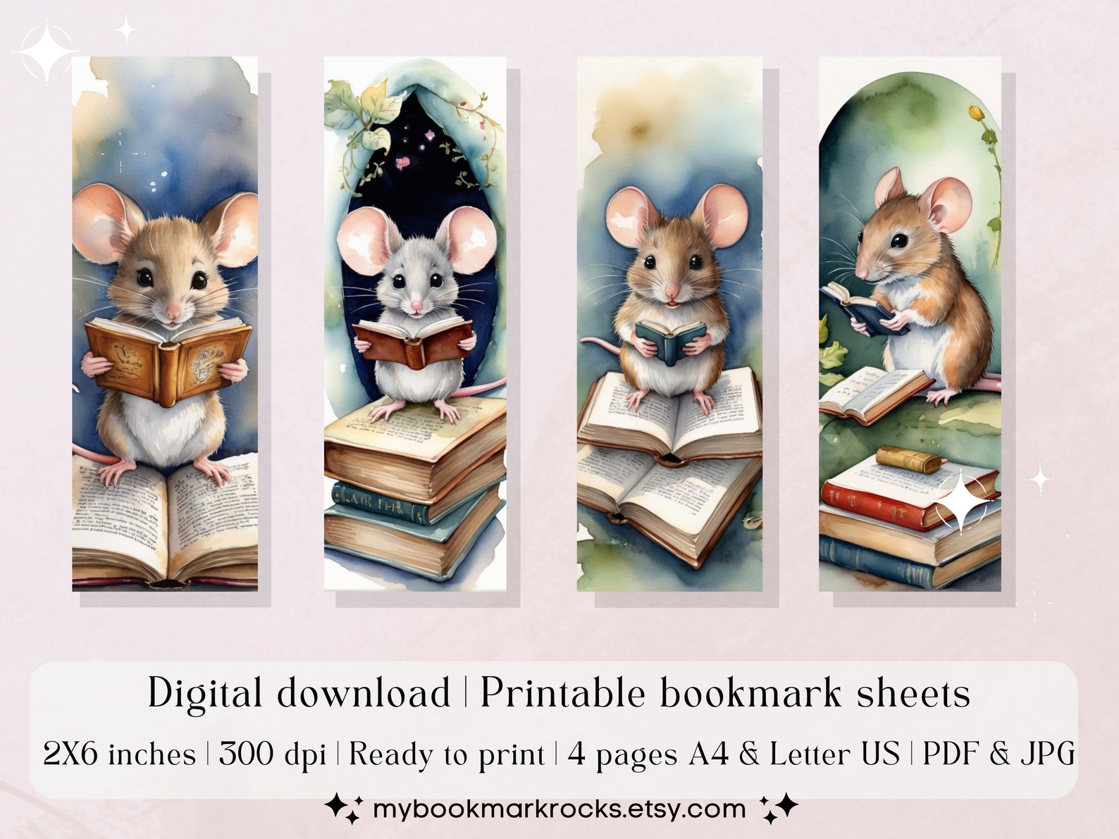 Set of 16 Watercolor "cute Mouse & Books" Printable Bookmarks, Animal ...