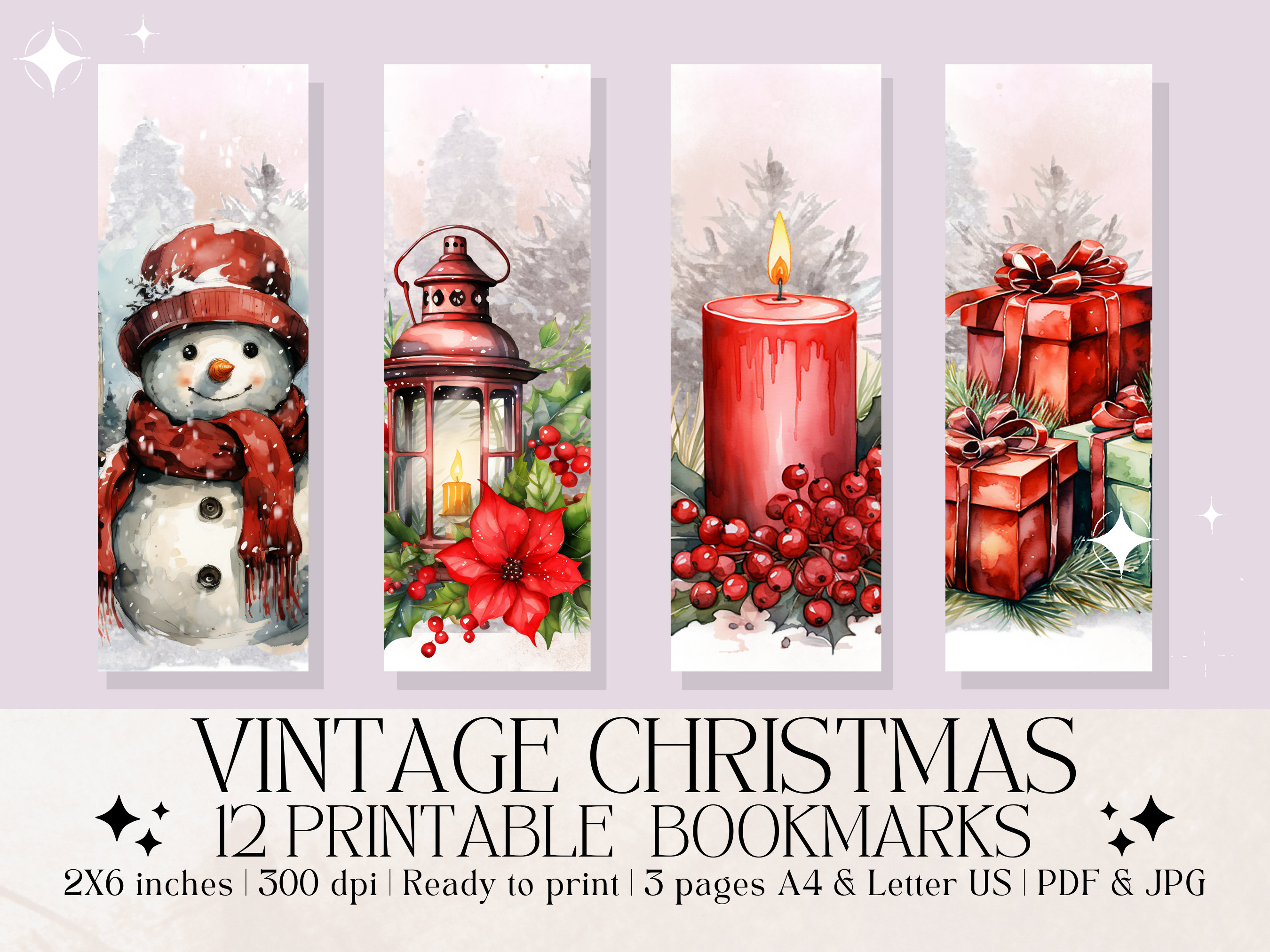 Set of 12 Watercolor "vintage Christmas" Printable Bookmarks, Christmas ...