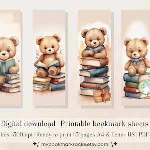 Set of 20 Watercolor "teddy Bear” Printable Bookmarks, High-quality PDF ...