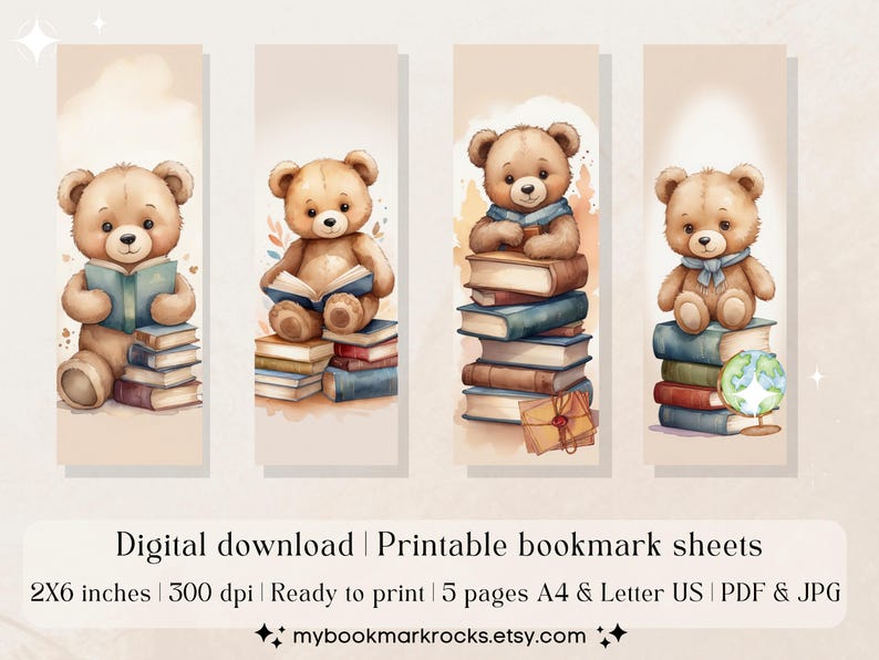 Set of 20 Watercolor "teddy Bear” Printable Bookmarks, High-quality PDF ...