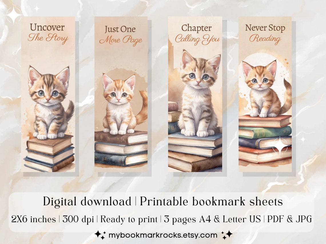 Set of 12 kitten & Books Printable Bookmarks Digital Bookmarks High ...