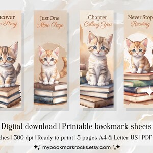 Set of 12 "kitten & Books" Printable Bookmarks, Cat Designs With ...