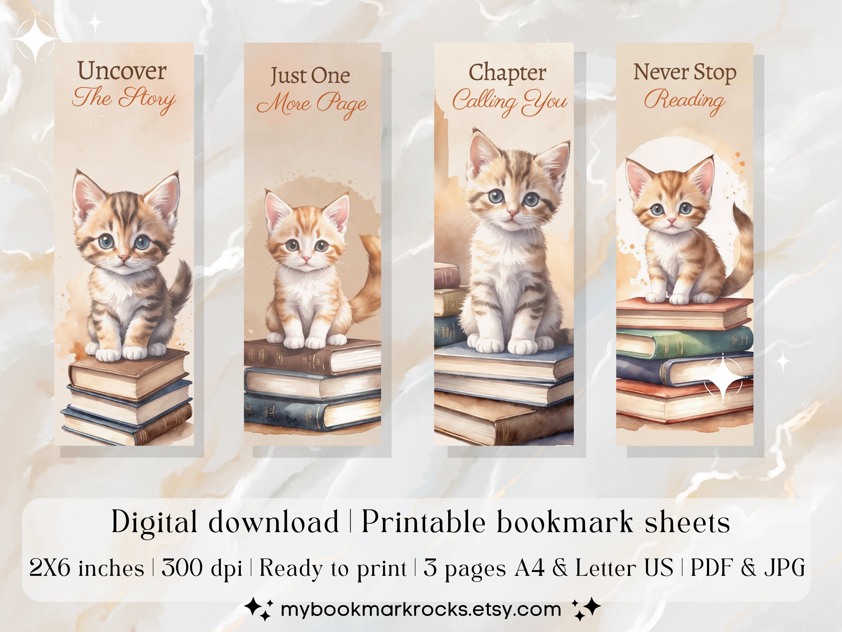 Set of 12 “kitten & Books” Printable Bookmarks | Digital Bookmarks ...