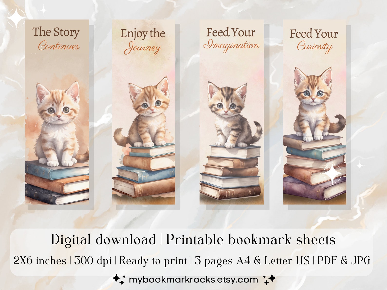 Set of 12 “kitten & Books” Printable Bookmarks | Digital Bookmarks ...