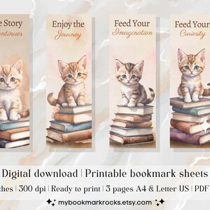 Set of 12 "kitten & Books" Printable Bookmarks, Cat Designs With ...