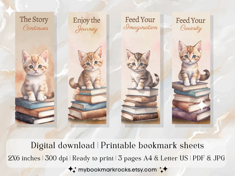 Set of 12 “kitten & Books” Printable Bookmarks | Digital Bookmarks ...
