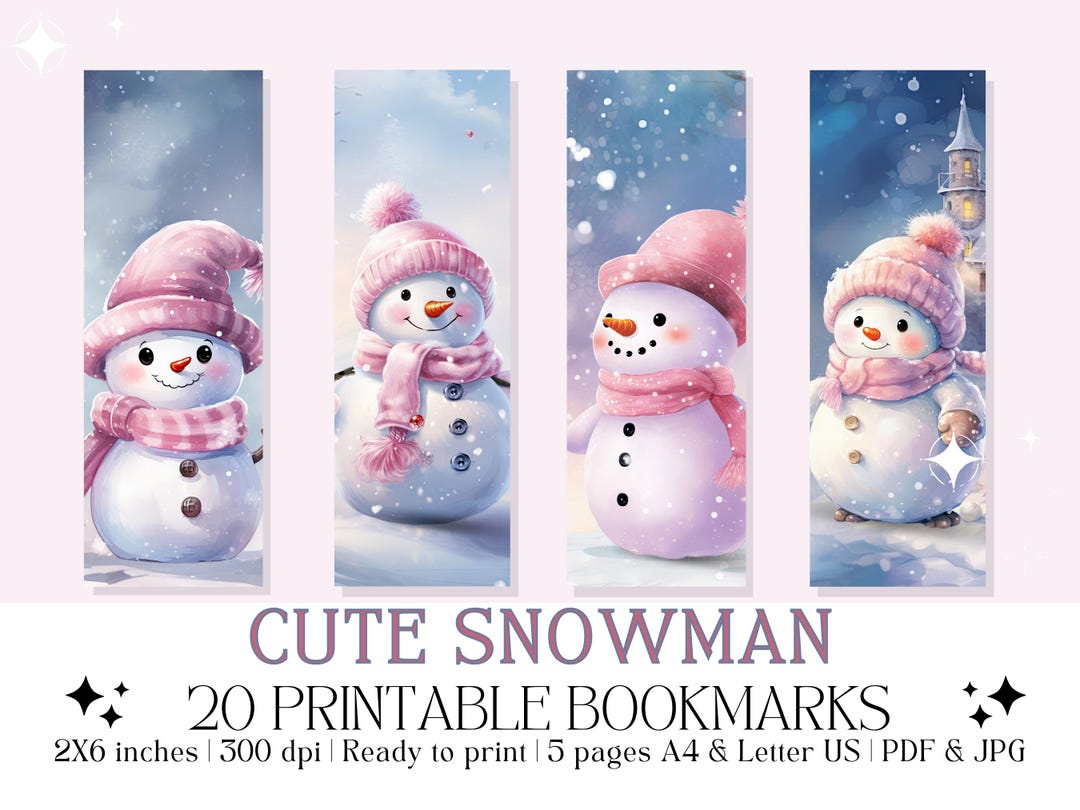 Set of 20 Pastel "cute Snowman" Printable Bookmarks, Winter Bookmarks ...