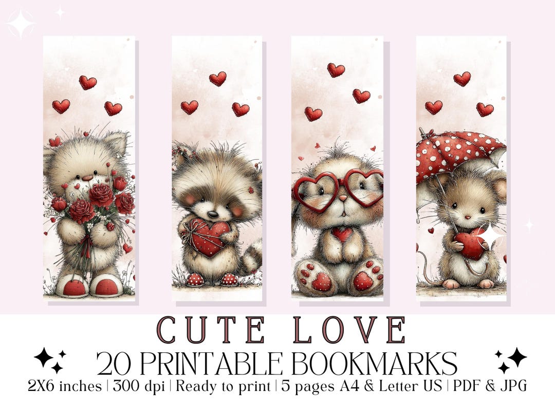 Set of 20 “cute Love” Printable Bookmarks, Valentine’s Gift | Instant ...