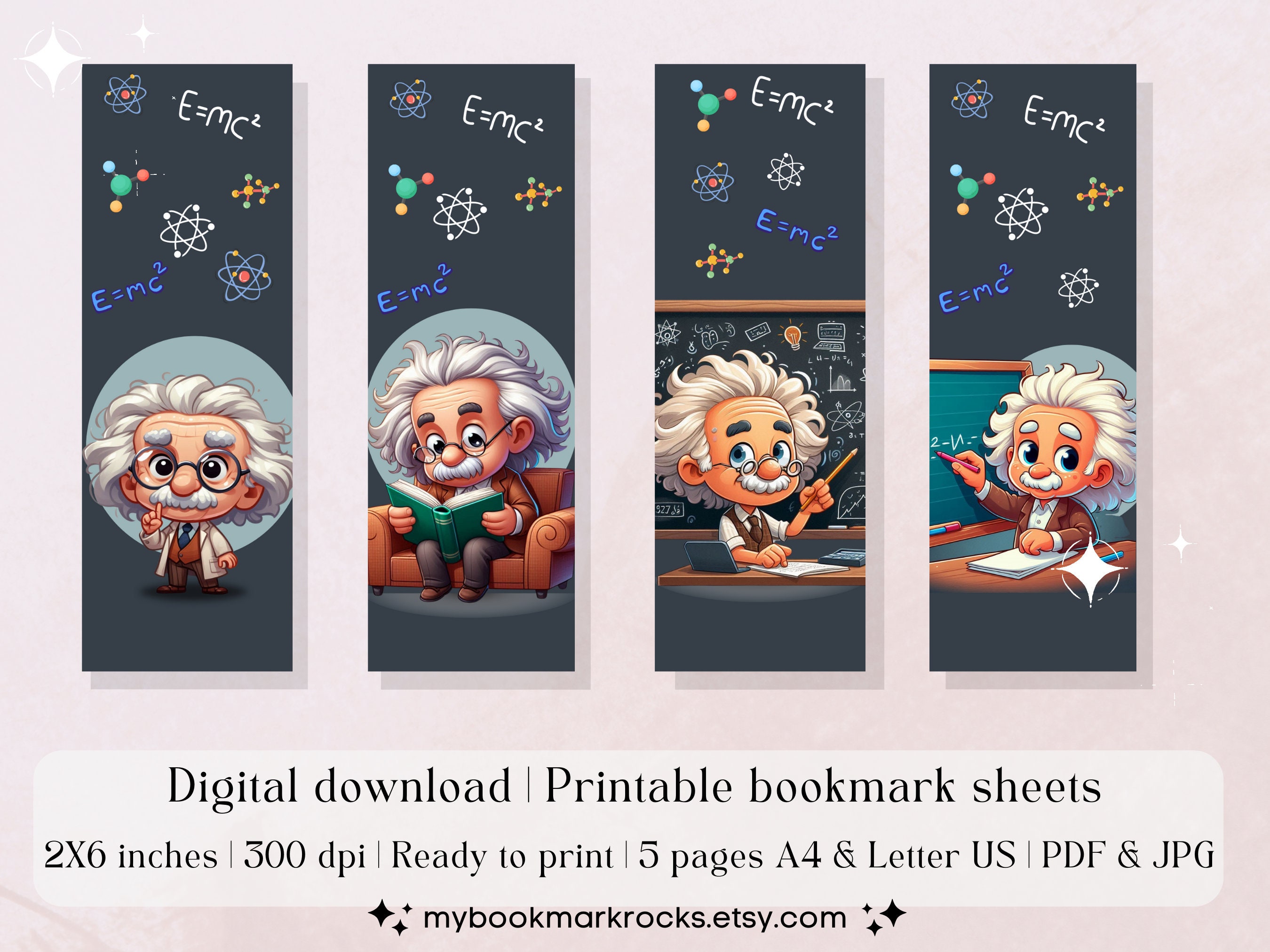 Set of 20 "albert Einstein" Printable Bookmarks, Cartoon Style, Physics ...