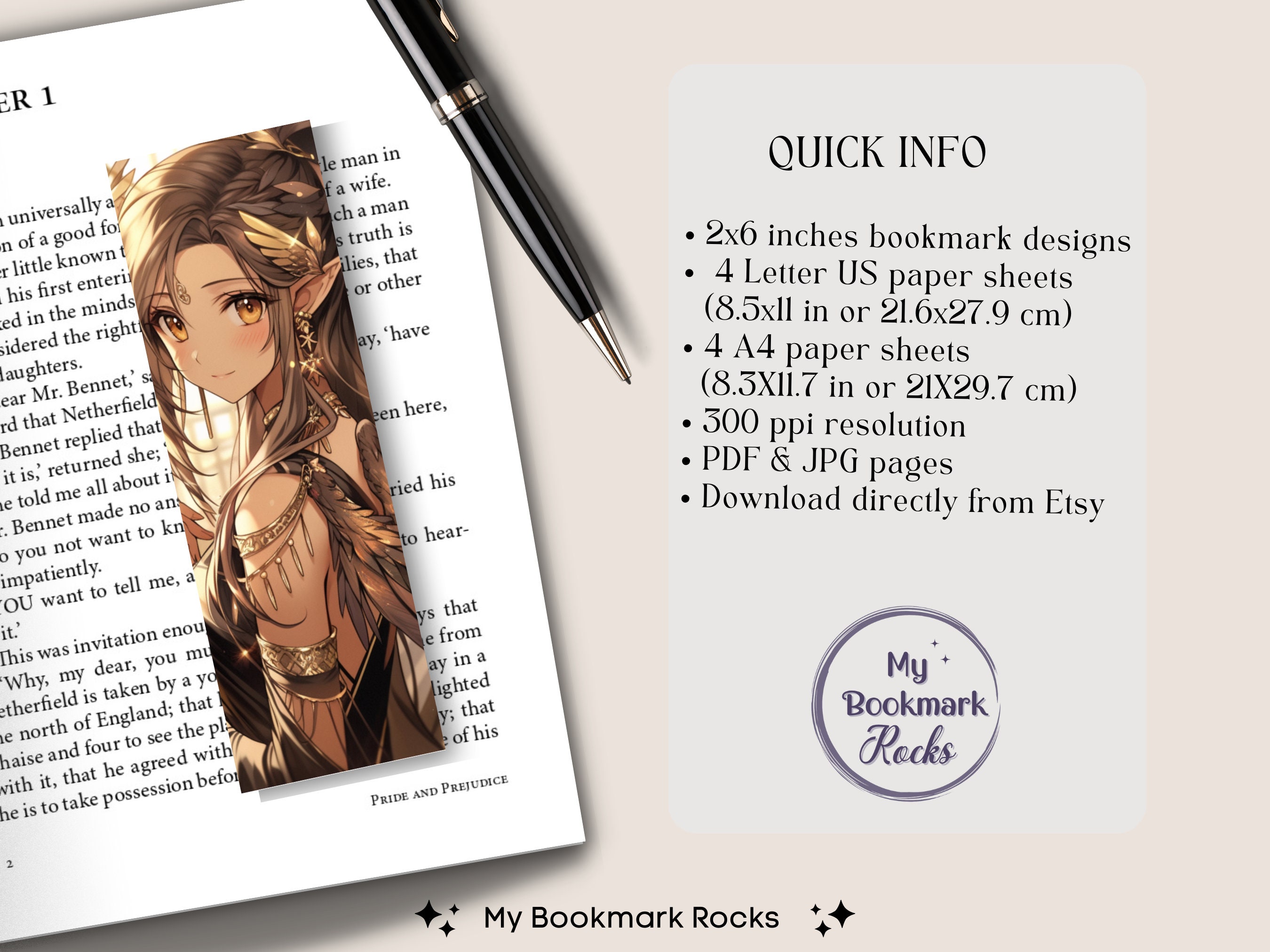 Set of 16 "beautiful Elven" Printable Bookmarks, Fantasy Designs ...
