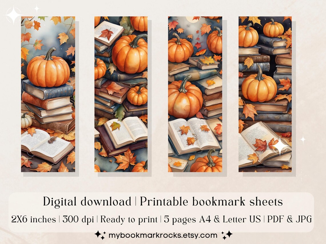 Set of 20 Watercolor pumpkins & Books Printable Bookmarks, High-quality ...