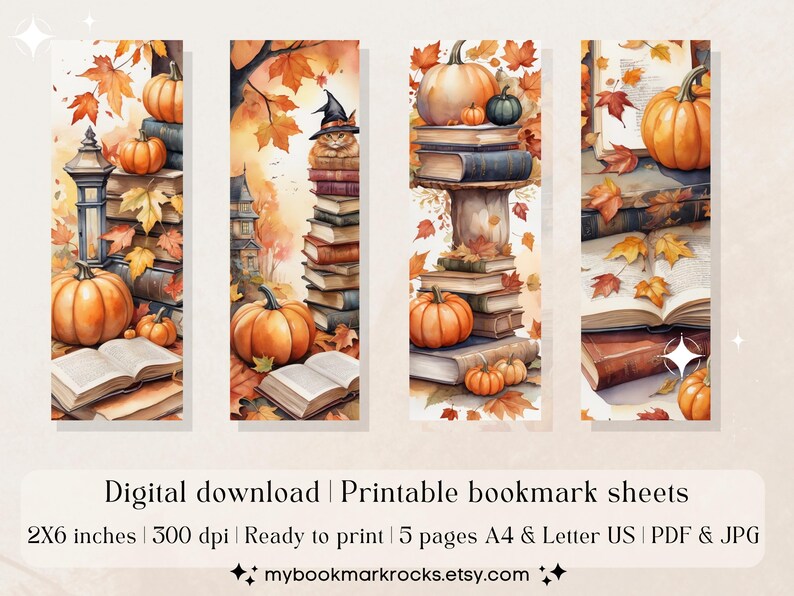 Set of 20 Watercolor "pumpkins & Books" Printable Bookmarks, Fall ...