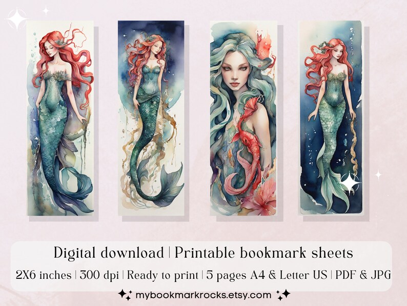 Set of 20 Watercolor "mermaid” Printable Bookmarks, High-quality PDF ...
