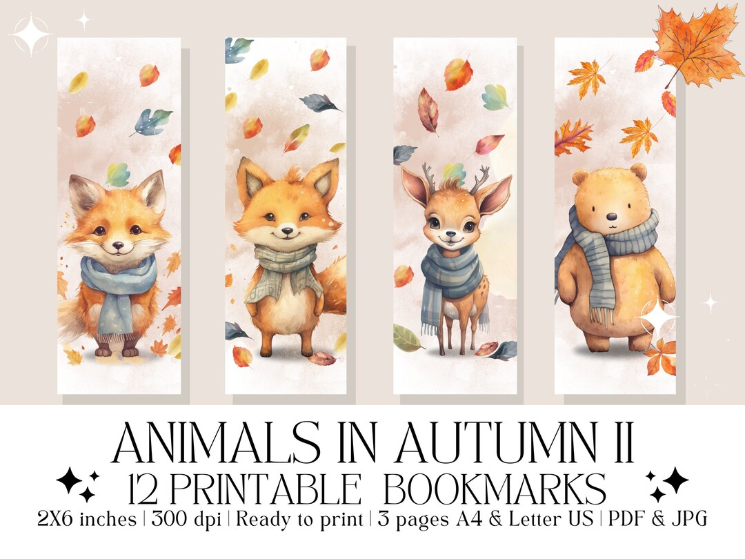 Set of 12 Watercolor "cute Animals in Autumn Ii" Printable Bookmarks ...