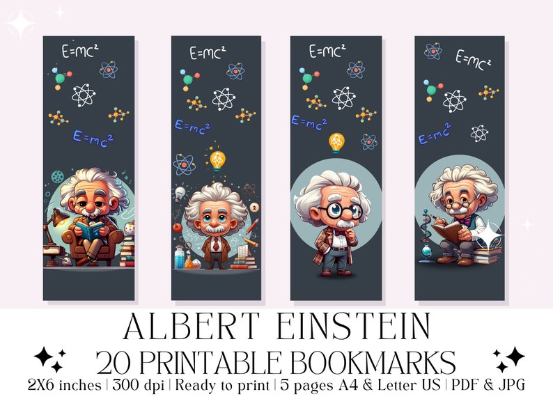 Set of 20 "albert Einstein" Printable Bookmarks, Cartoon Style, High ...