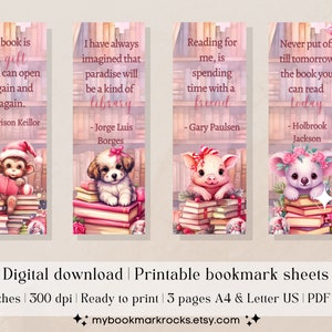 Set of 12 "cute Animals & Books" Printable Bookmarks, Christmas ...