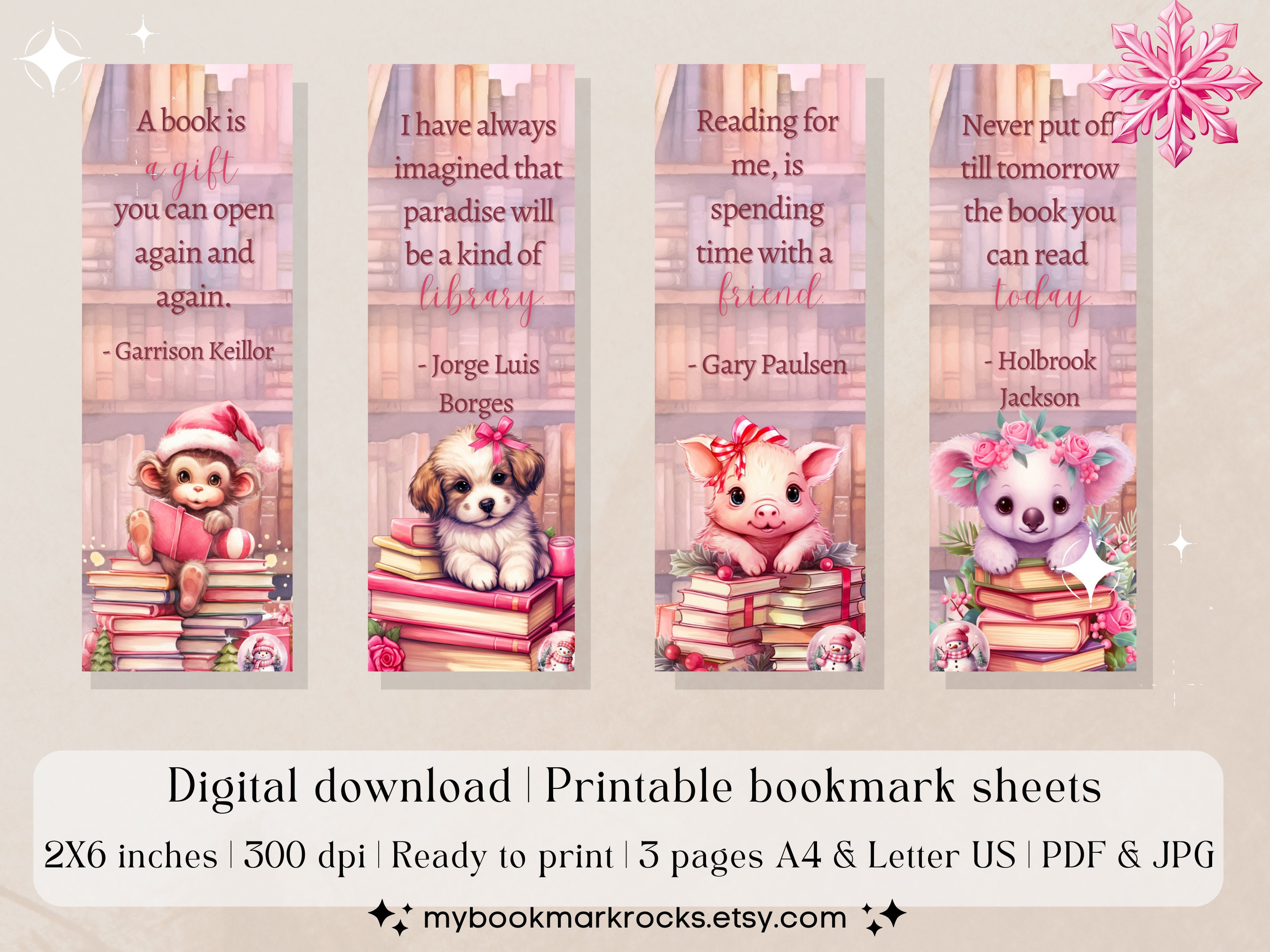 Set of 12 "cute Animals & Books" Printable Bookmarks, Christmas ...