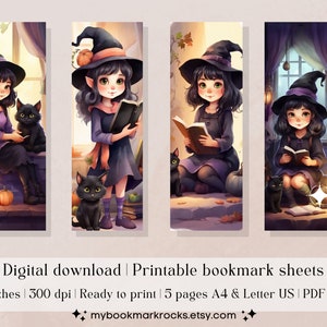 Set of 20 Watercolor "cute Witch" Printable Bookmarks, Halloween ...