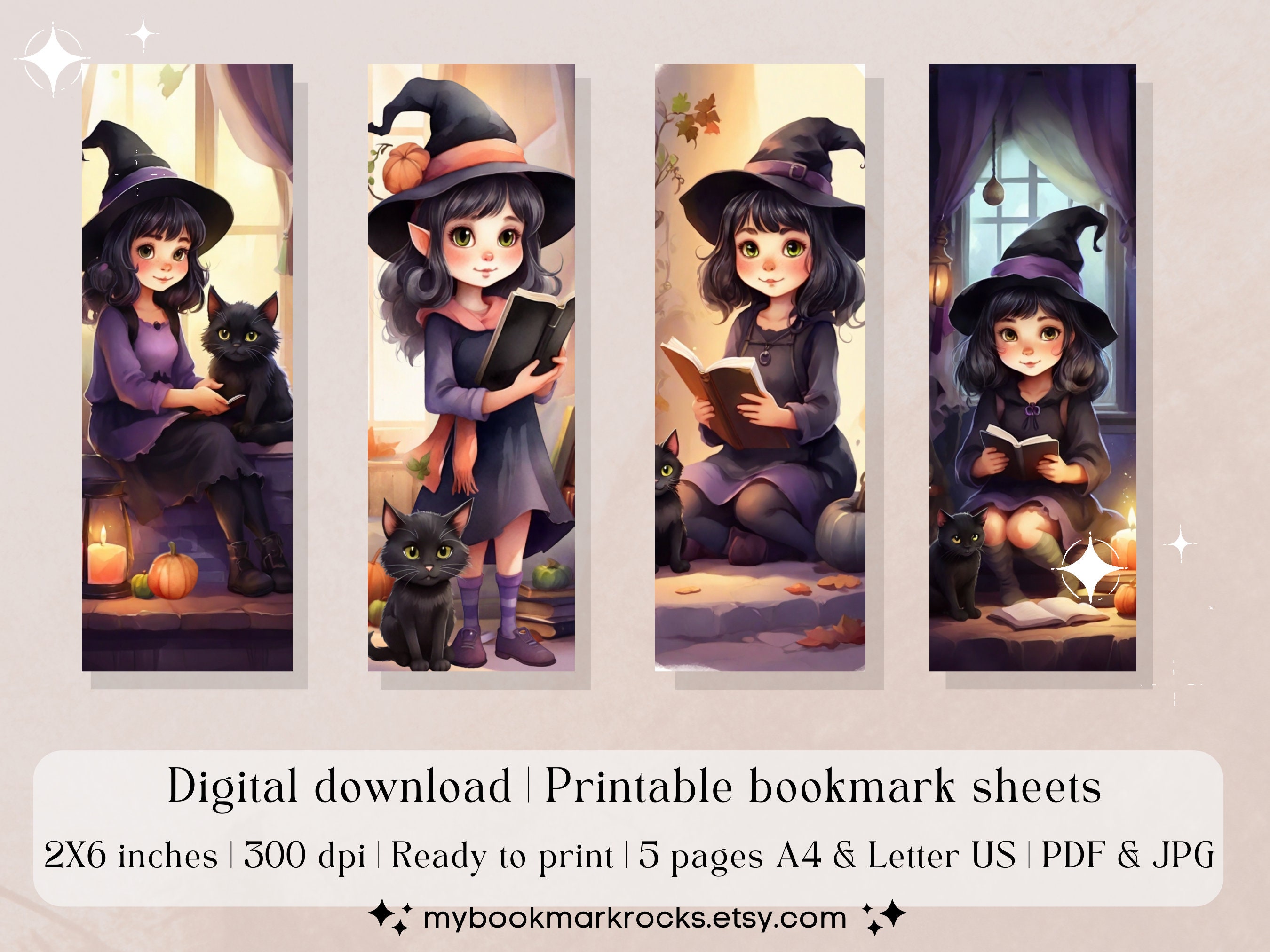 Set of 20 Watercolor "cute Witch" Printable Bookmarks, Halloween ...
