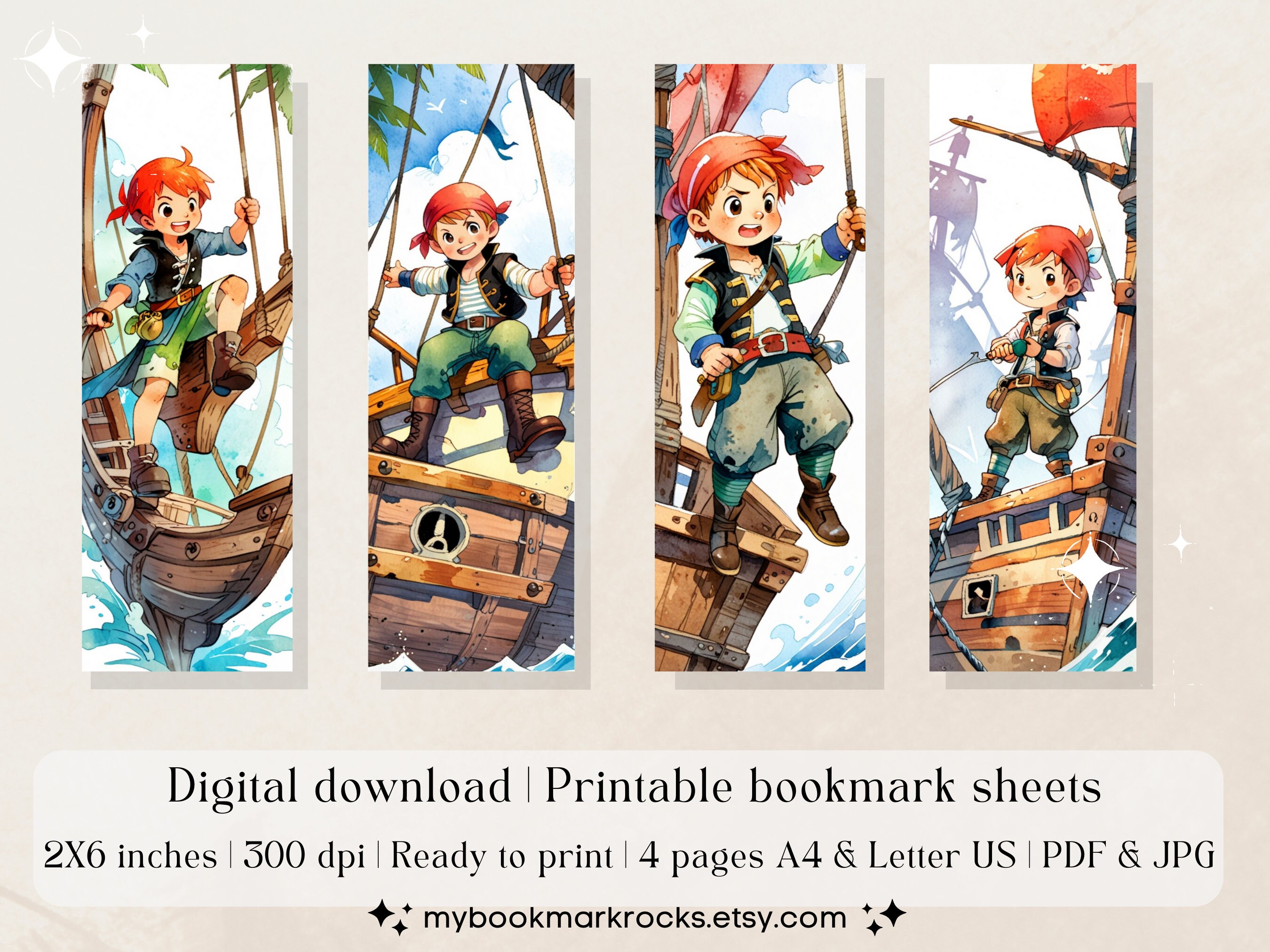 Set of 16 little Pirates Printable Bookmarks, High-quality PDF & JPG ...