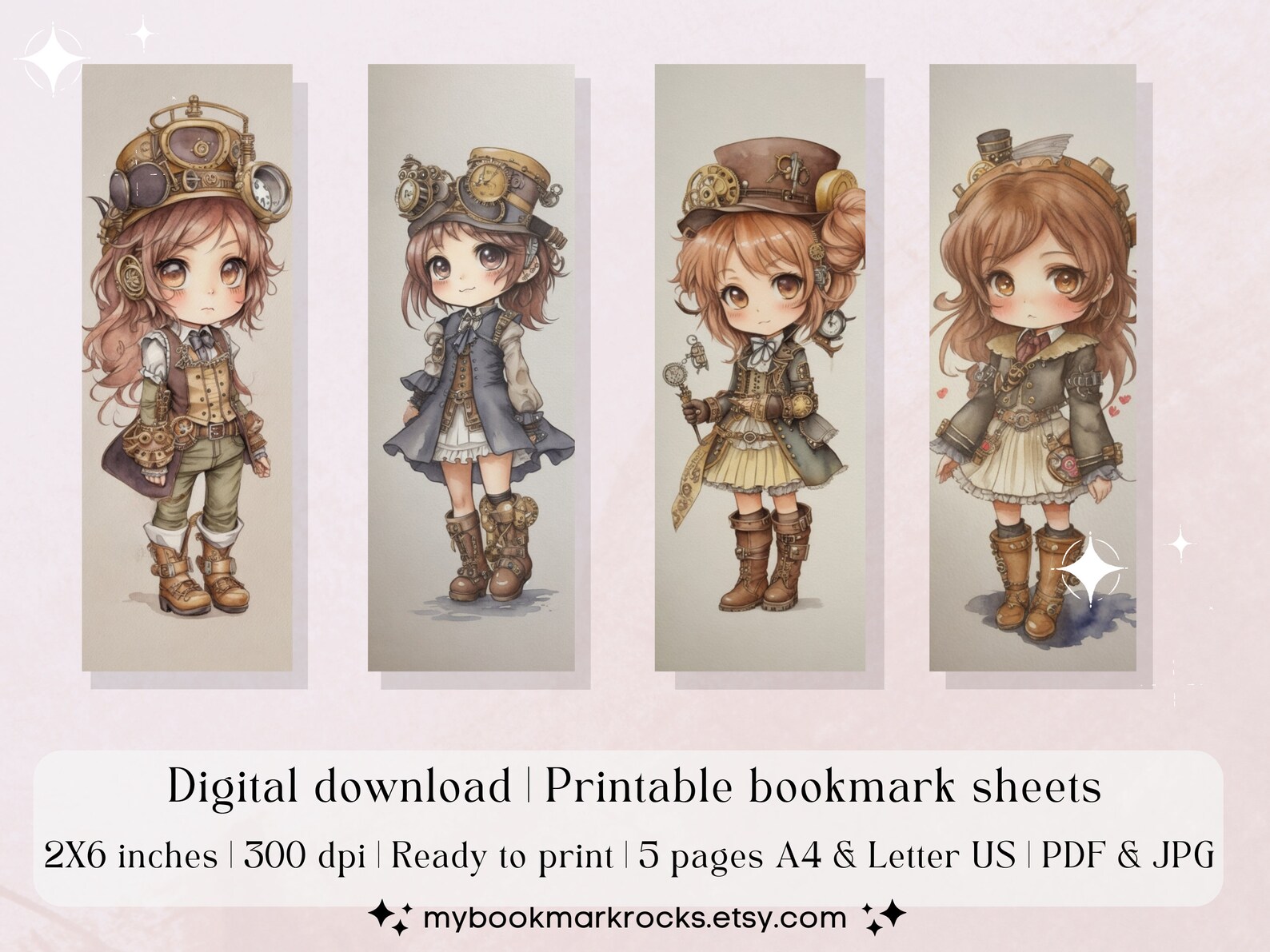 Set of 20 Watercolor "chibi Steampunk Girl" Printable Bookmarks, Kawaii ...