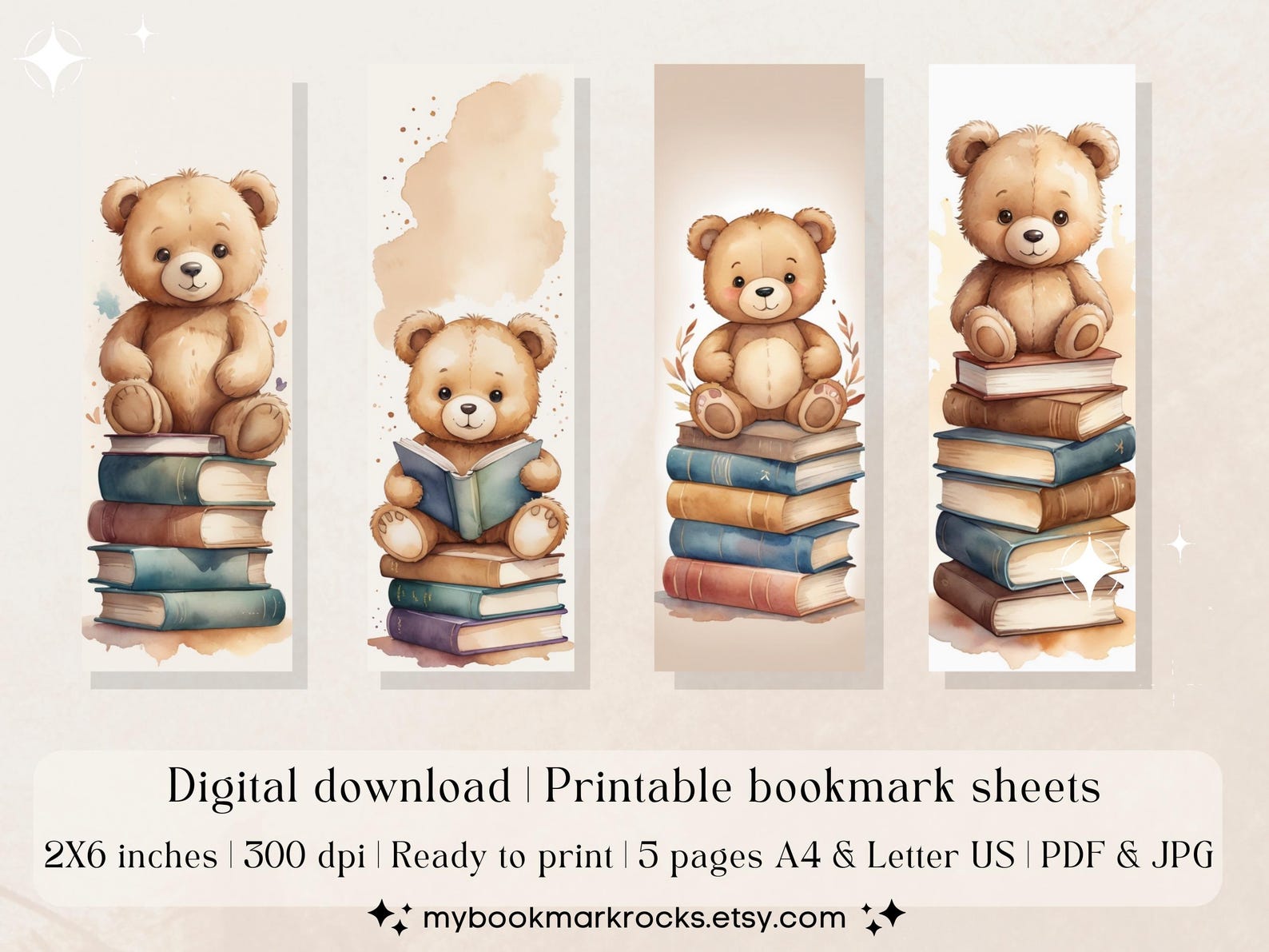 Set of 20 Watercolor "teddy Bear” Printable Bookmarks, High-quality PDF ...
