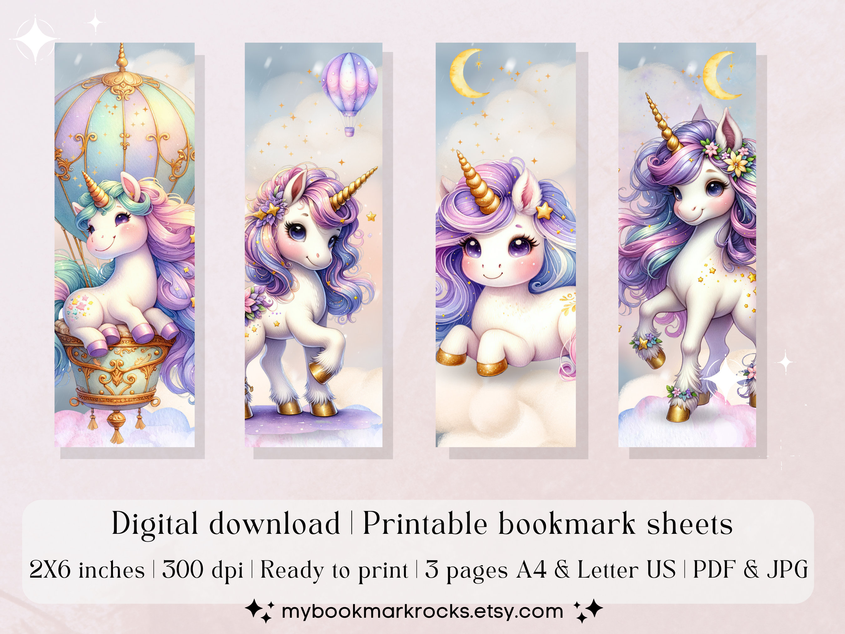 Set of 12 Pastel "cute Unicorns" Printable Bookmarks, Unicorn Designs ...