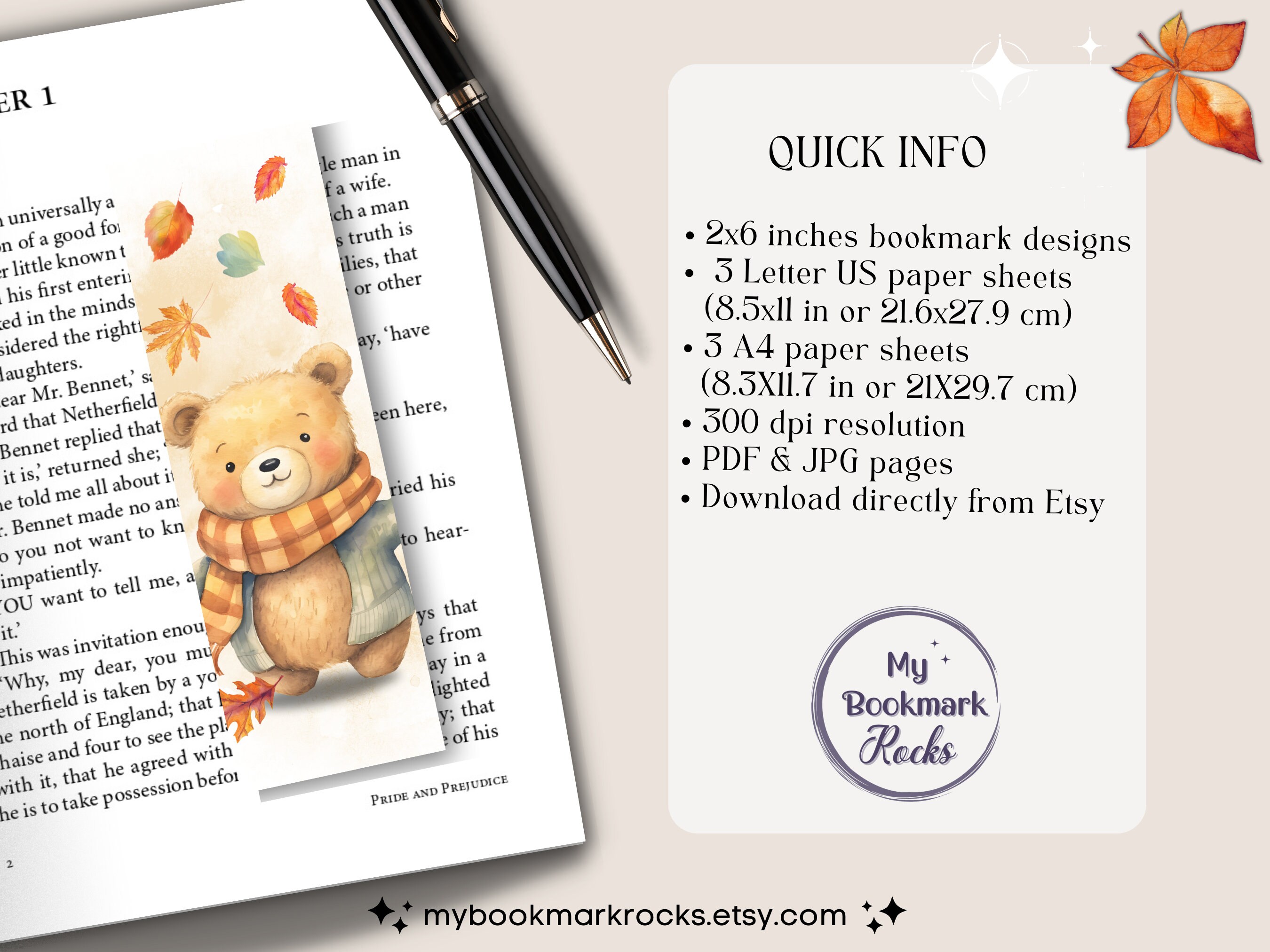 Set of 12 "cute Animals in Autumn" Printable Bookmarks, Fall Designs ...