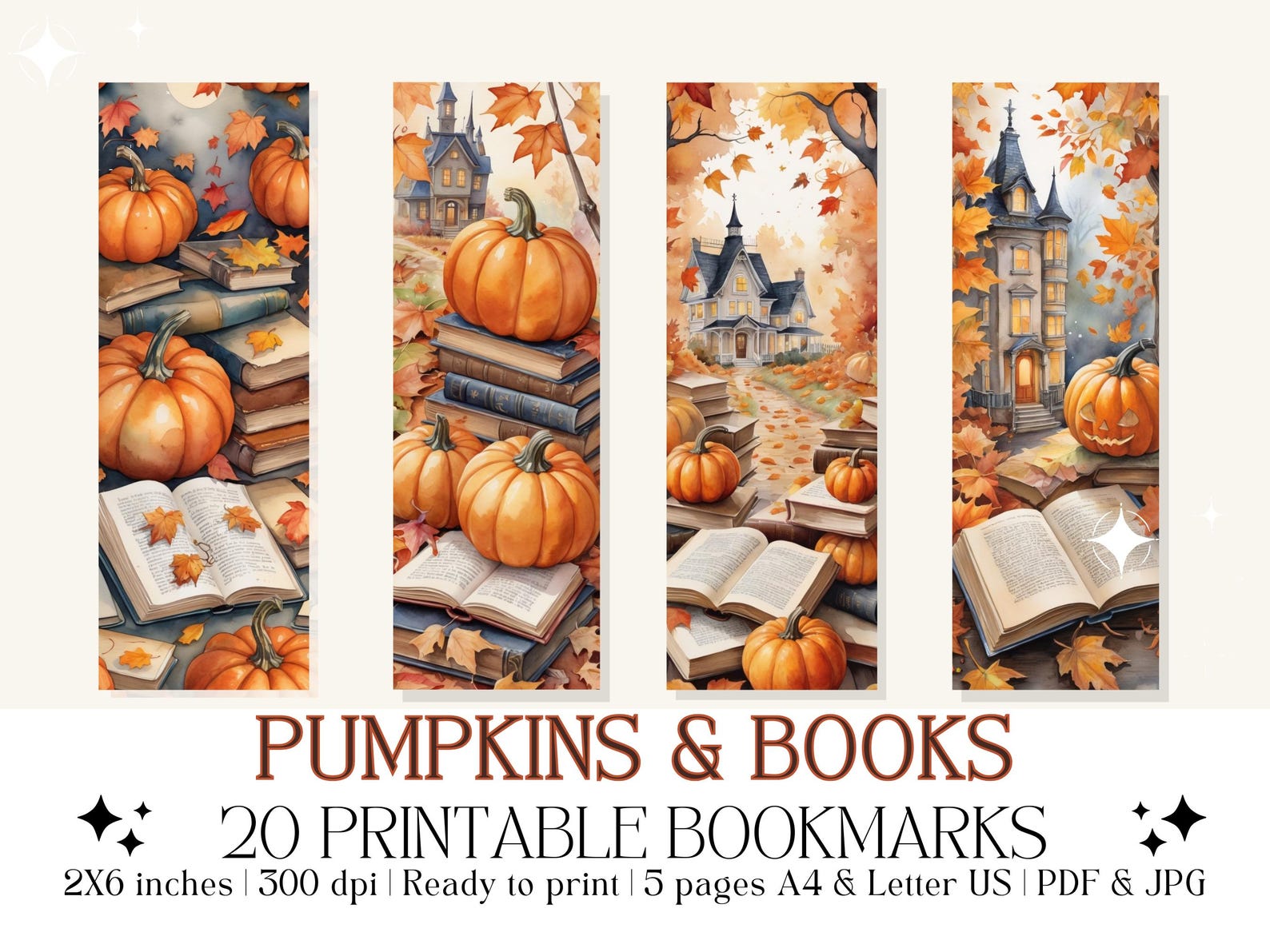 Set of 20 Watercolor "pumpkins & Books" Printable Bookmarks, Fall ...