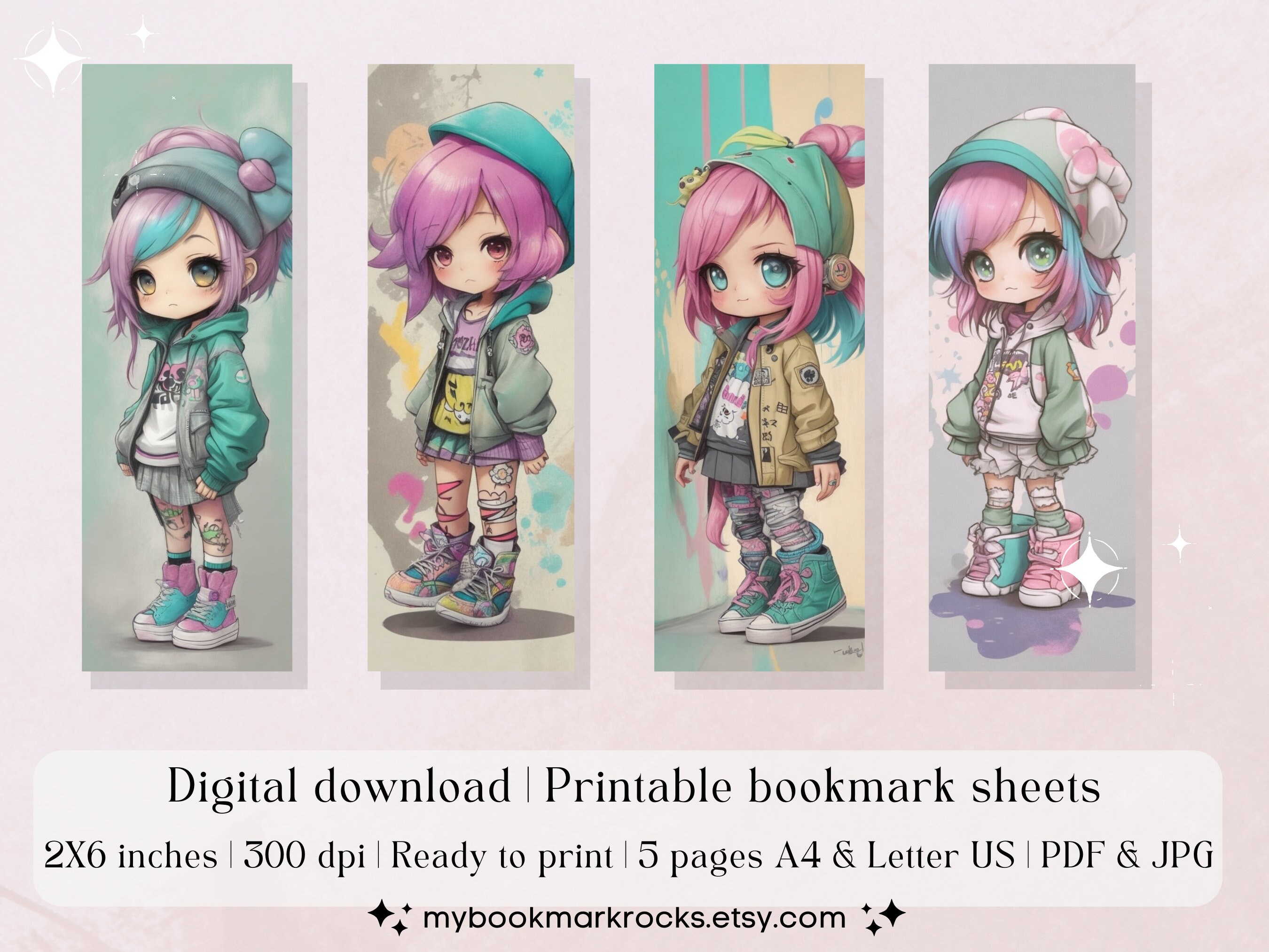 Set of 20 "chibi Pastel Graffiti Girl" Printable Bookmarks, Graffiti ...