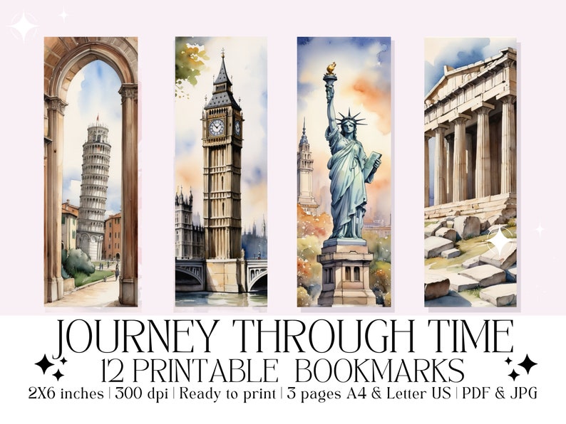 Set of 12 Watercolor "journey Through Time" Printable Bookmarks, Travel ...