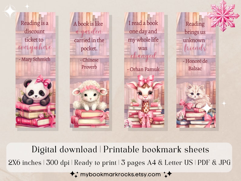 Set of 12 "cute Animals & Books" Printable Bookmarks, Christmas ...