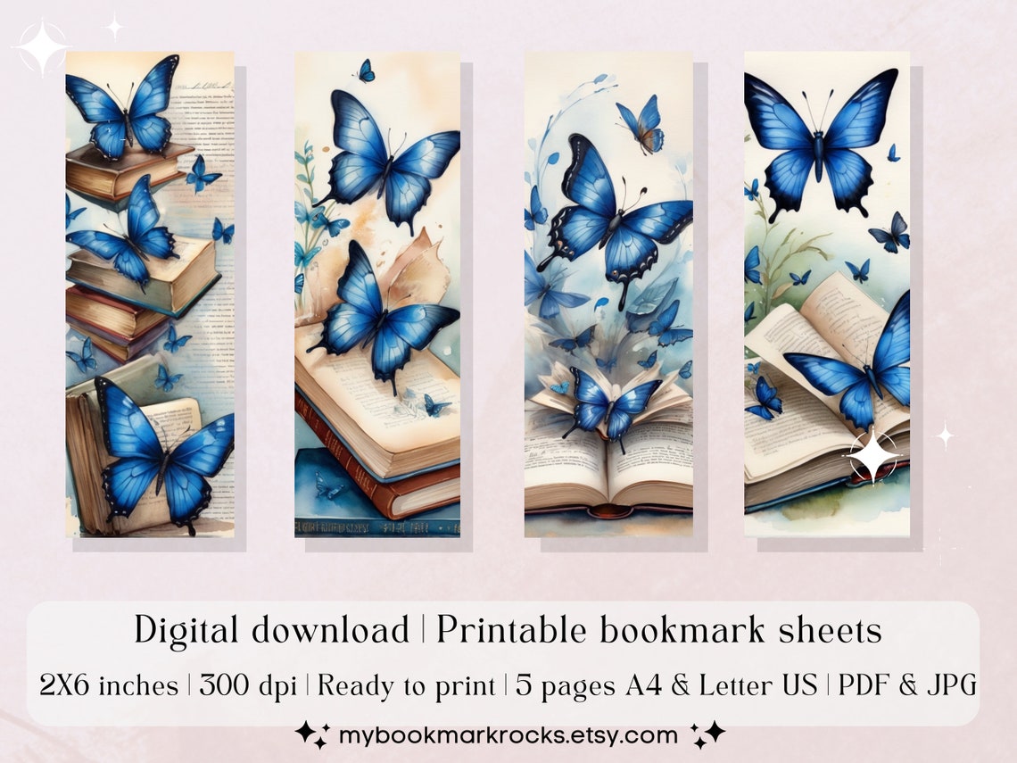 Set of 20 Watercolor "blue Butterfly" Printable Bookmarks, Book Lover's ...