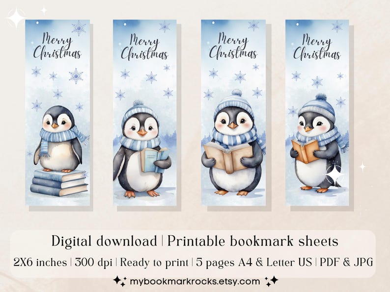 Set of 20 Watercolor "cute Penguin" Printable Bookmarks, Christmas ...