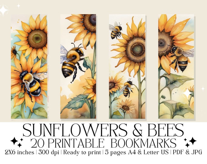 Sunflower and Bees Printable Bookmarks: Floral Bookmark Set (PDF & JPEG ...