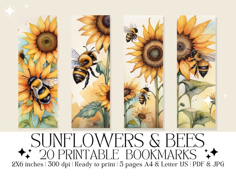 Set of 20 Watercolor "sunflowers & Bees" Printable Bookmarks, Cute ...