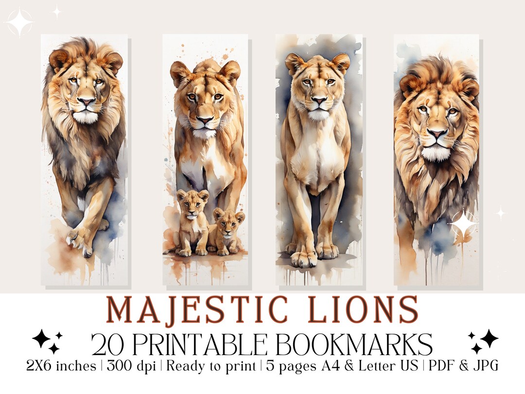 Set of 20 Watercolor "majestic Lions" Printable Bookmarks, Animal ...