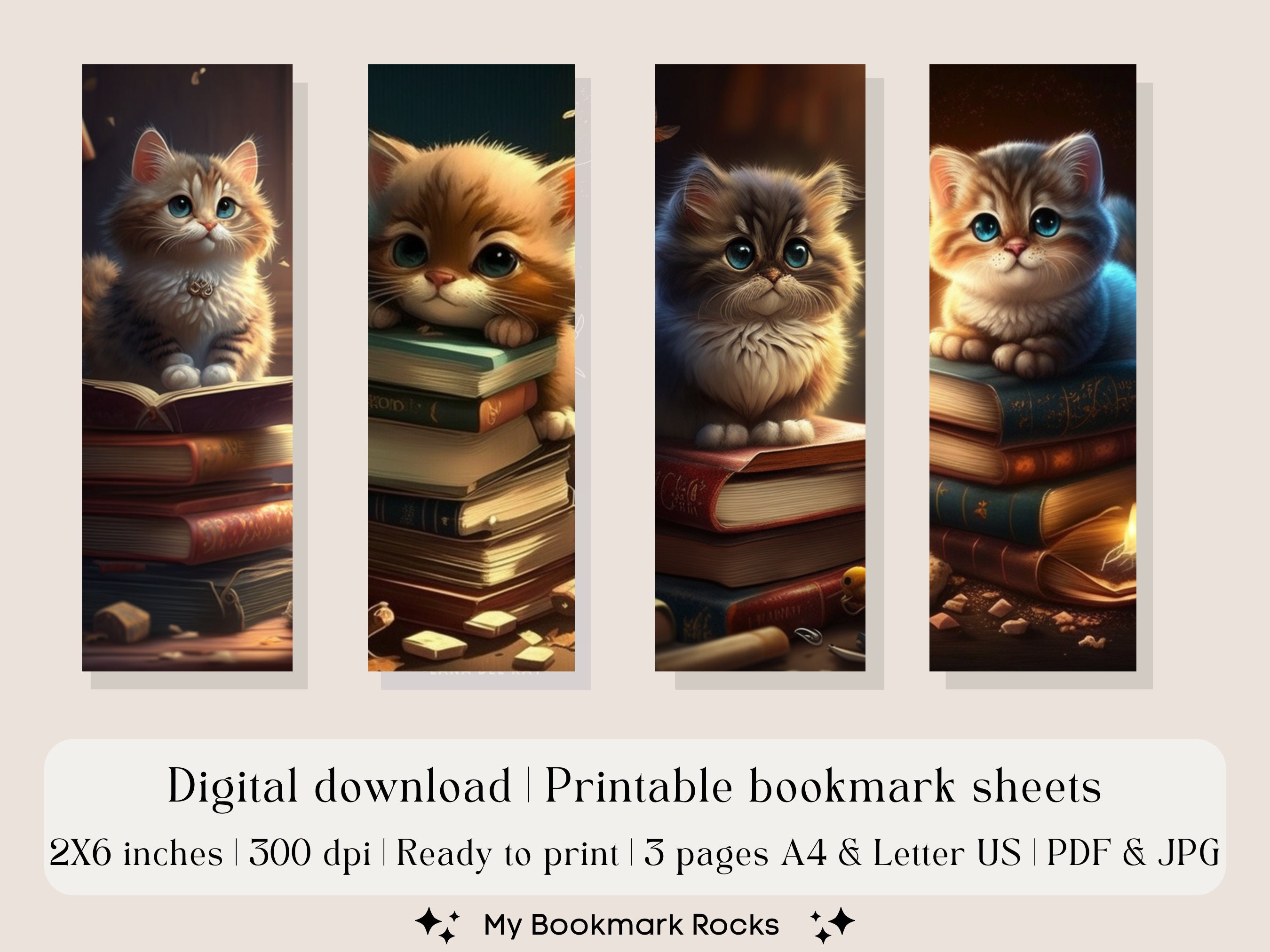 Set of 12 Cute Cat and Books Printable Bookmarks Adorable Kitten ...